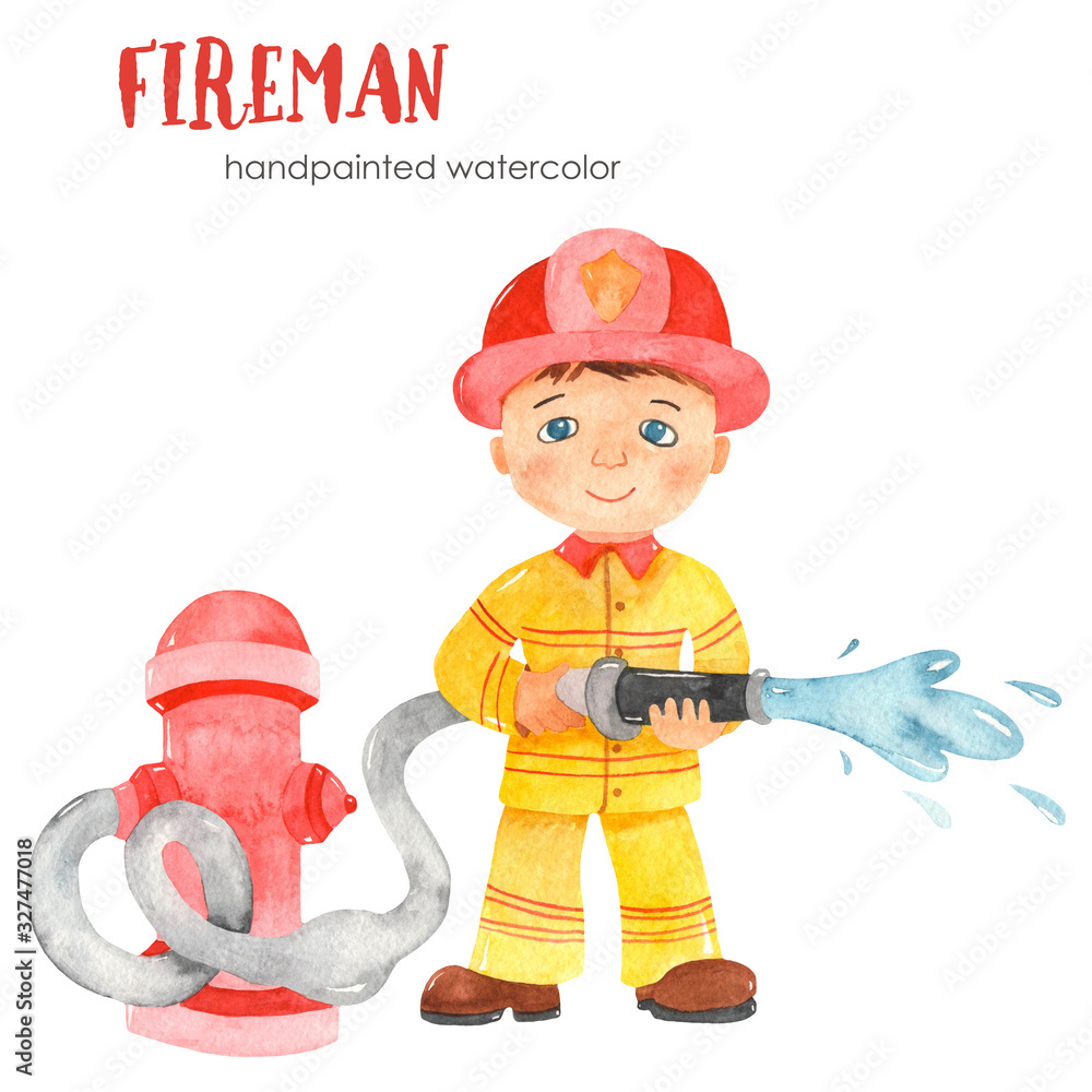 Watercolor cute cartoon firefighter boy and fire hose Stock ...