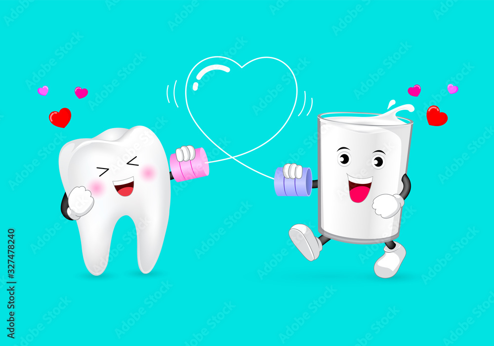 Cute cartoon tooth character and a glass of milk talking on the can ...