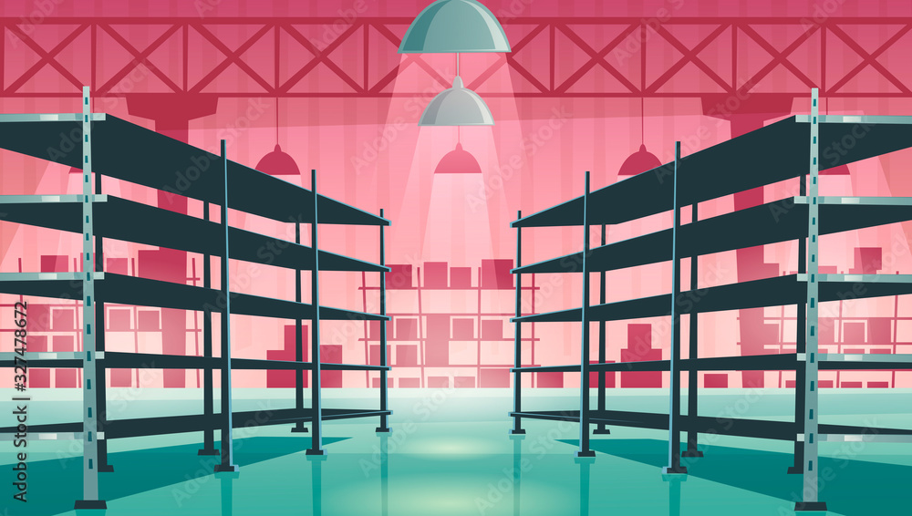 Warehouse interior with empty metal racks. Vector cartoon illustration ...