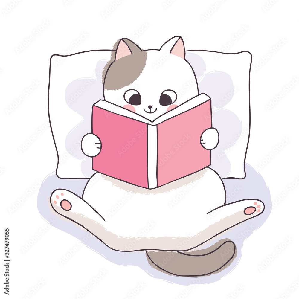 Cartoon cute book day, Adorable white cat reading book vector. Stock ...