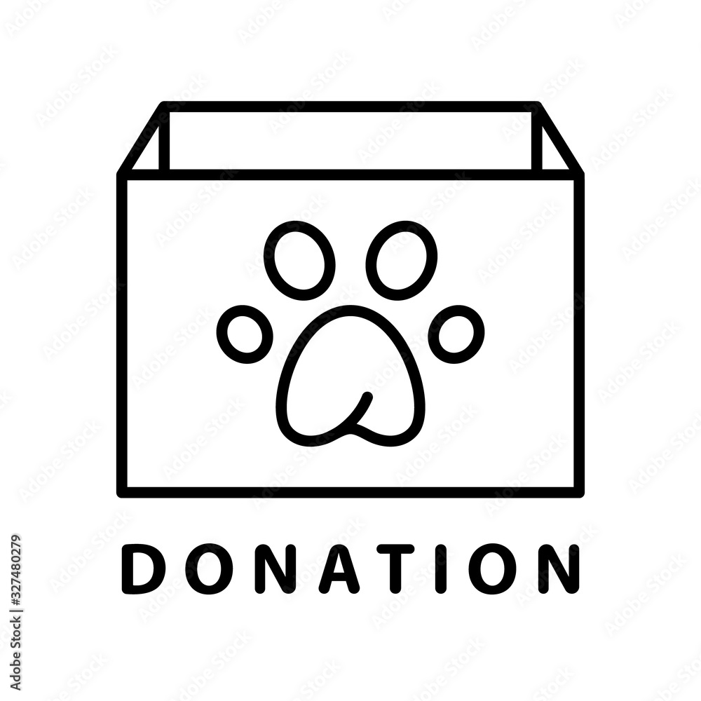 Donation icon. Rectangular box with paw print. Help animals, pets ...