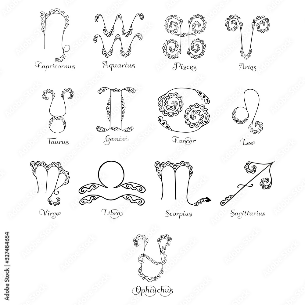 Set of 13 isolated black and white zodiac signs hand-drawn in vintage ...