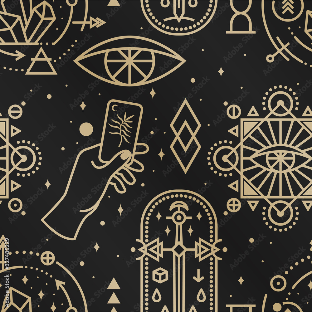 Gold esoteric seamless pattern, background. Vector. Thin line geometric ...