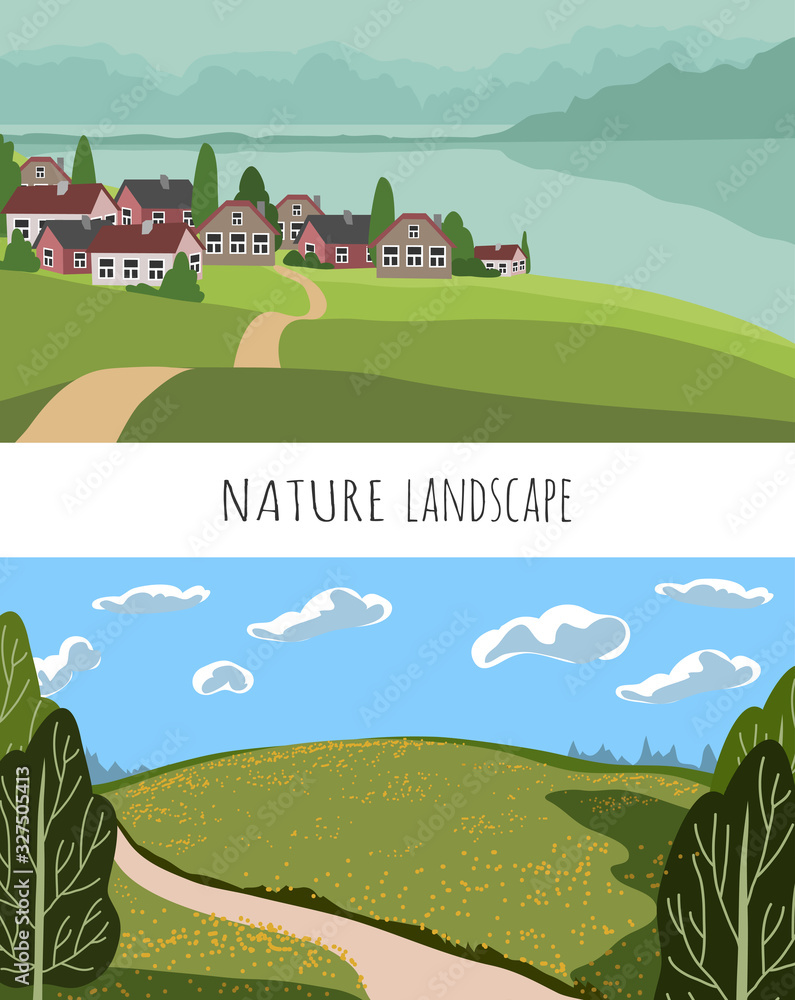 Set of Vector panoramic illustration of beautiful fields landscape ...