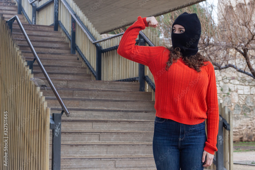 Portrait of rich attractive caucasian young woman with ski mask taking ...