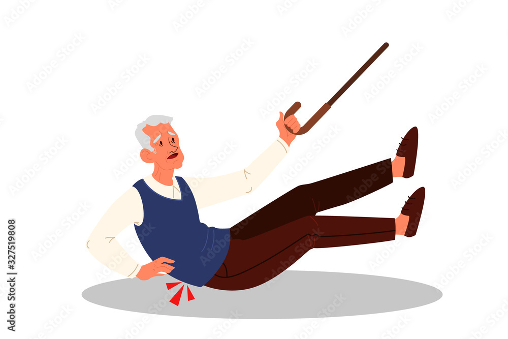 Retired men falling down. Elderly person with cane on the floor. Stock ...