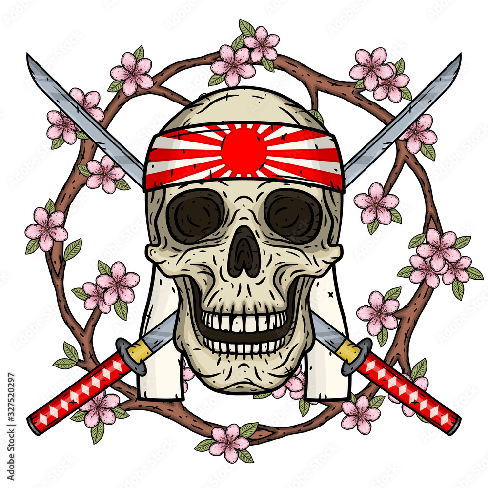 Skull of kamikaze with crossed katanas. Cartoon skull. Vector ...