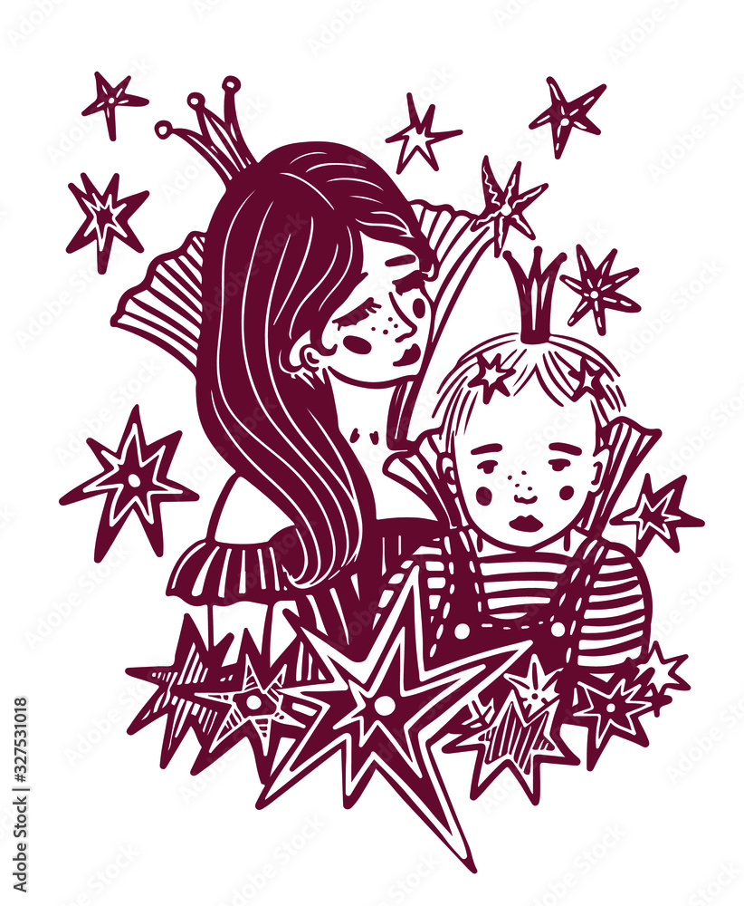 drawing picture lovely girl princess, mother with her son prince, among ...