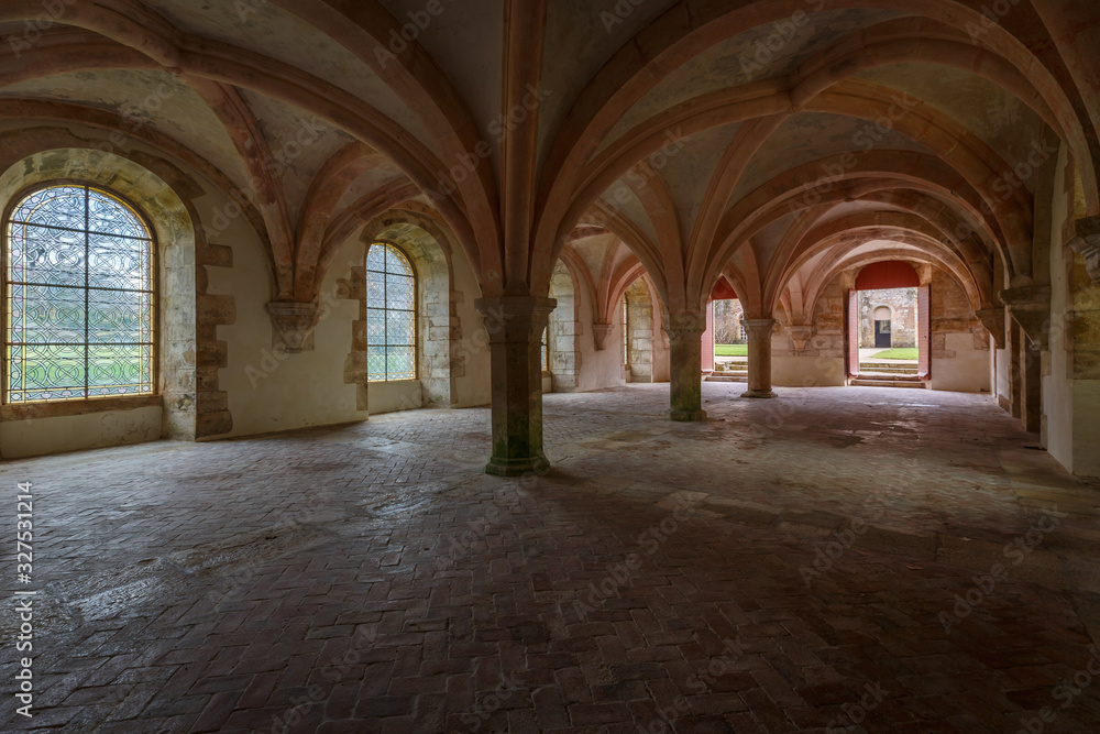 Ancient building of medieval French abbey. Abbey of Fontenay, Burgundy ...