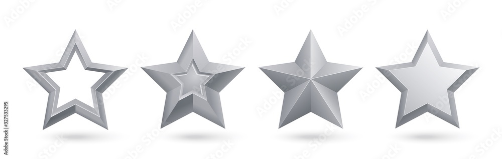 Silver stars. Realistic metal golden stars isolated for rating and ...