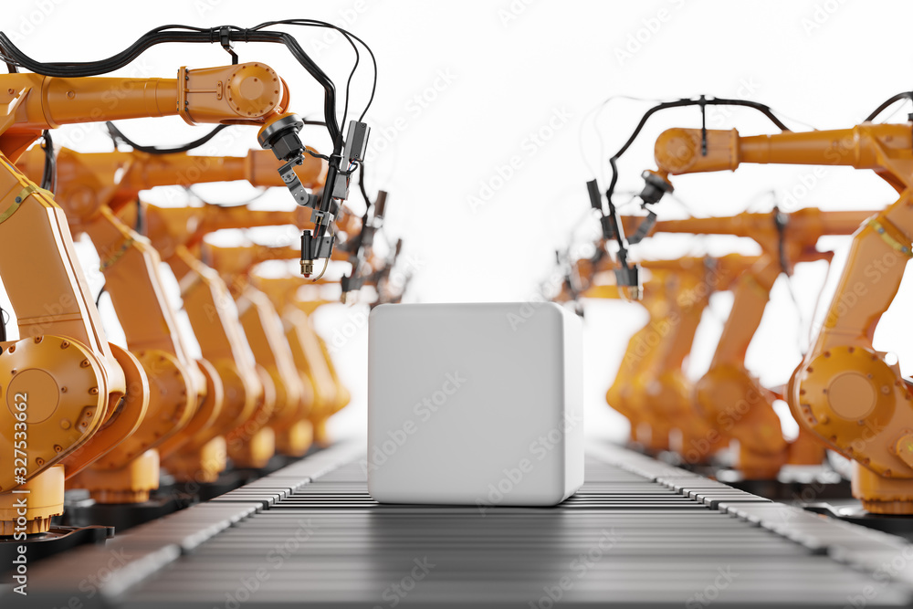 Robotic arms ready to work on an empty box moving along assembly line ...