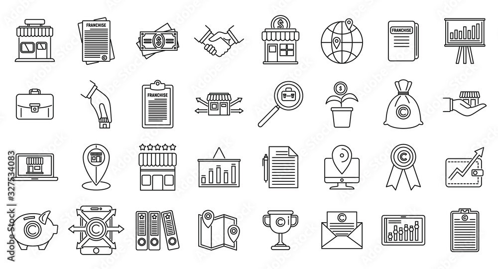 Franchise store icons set. Outline set of franchise store vector icons ...