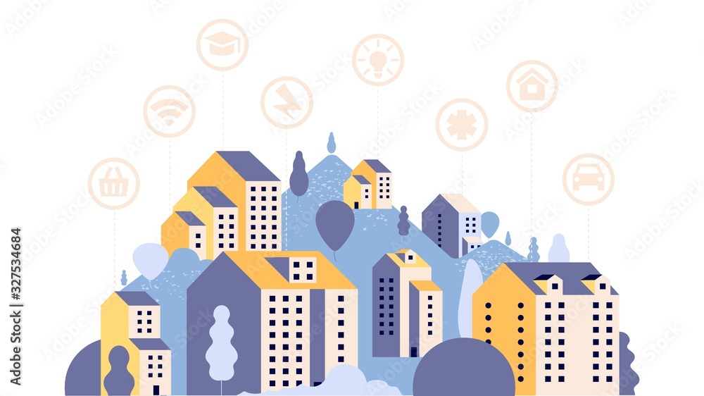 Smart city. Country landscape with houses and clever icons. Urban ...