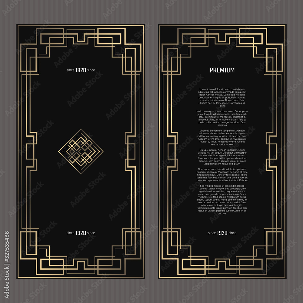 Vector card. Art Deco style. Dark golden geometric frame on black ...