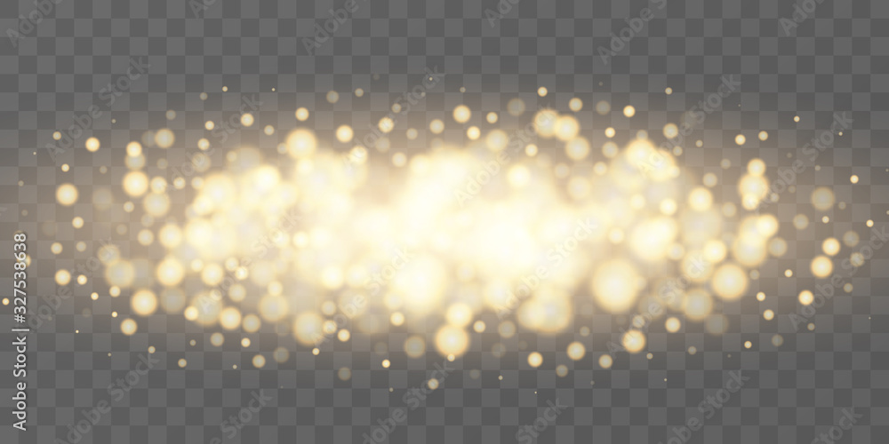 Golden particles glow light effect. Glowing yellow powder splash ...