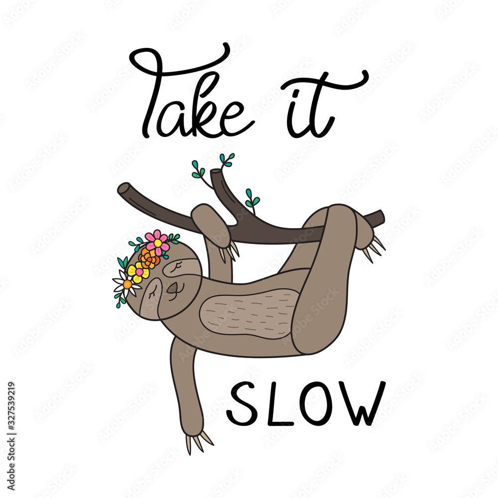 Take it slow, cute sloth vector illustration. Hand drawn outlined sloth ...