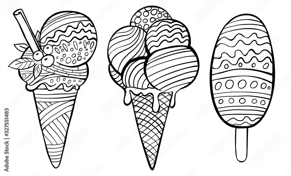 Zentangle ice cream set for coloring book for adult. Vector ...