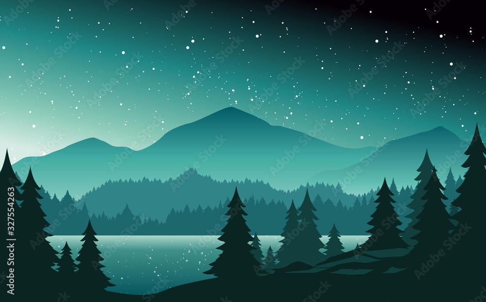 Mountains and lake at night landscape flat vector illustration. Nature ...