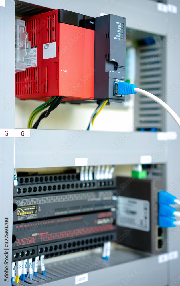 View of PLC unit in control box of automation machine Stock Photo ...
