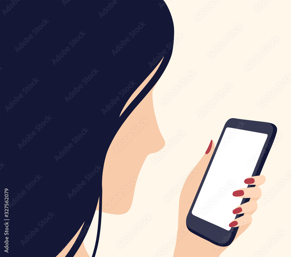 Woman looking at her mobile phone. Modern minimalistic flat ...