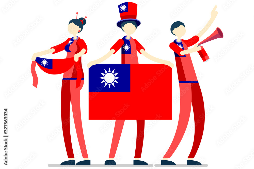 Crowd of persons celebrate national day of Taiwan with a flag ...