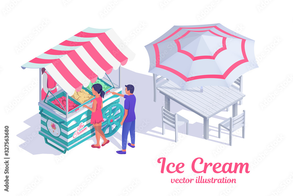 Ice cream cart with awning. Girl and boy buys ice cream on stand ...