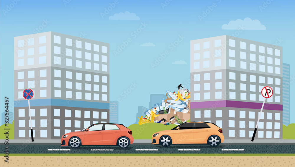 Vector illustration of modern cars parking along the town street ...