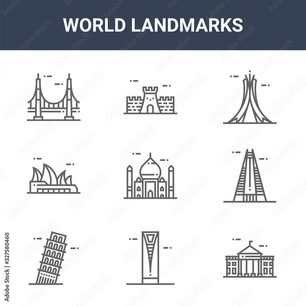 9 world landmarks icons pack. trendy world landmarks icons on white ...