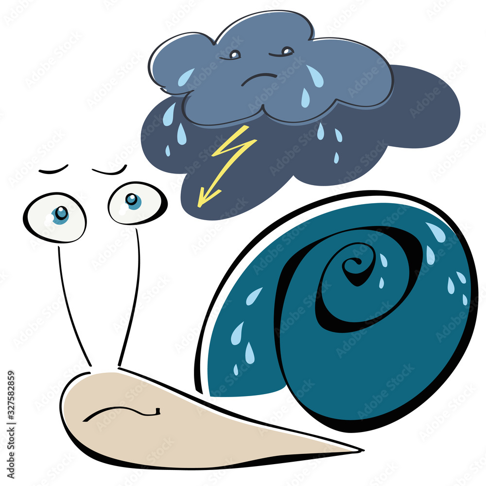 Suffering and despondent snail under a sad crying cloud with a ...