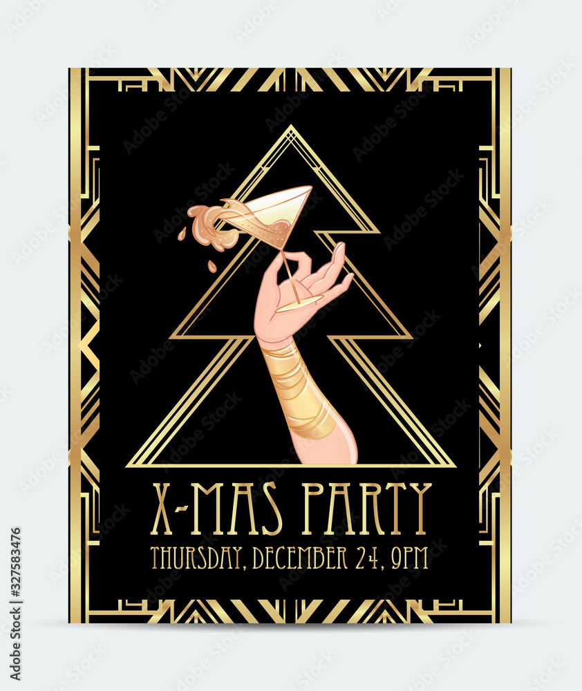 Female hand holding cocktail glass with splash. Art deco (1920's style ...