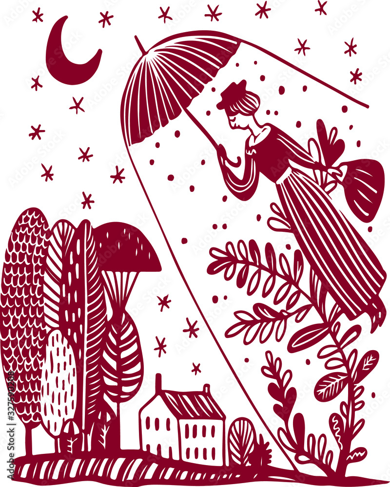 drawing picture of a lady flying over in the night sky with stars and a month above the forest ...