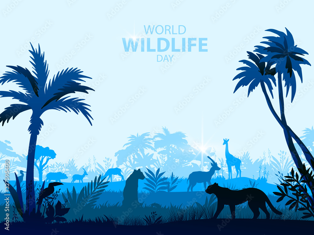 World wildlife day poster with palms, African animals, savannah ...