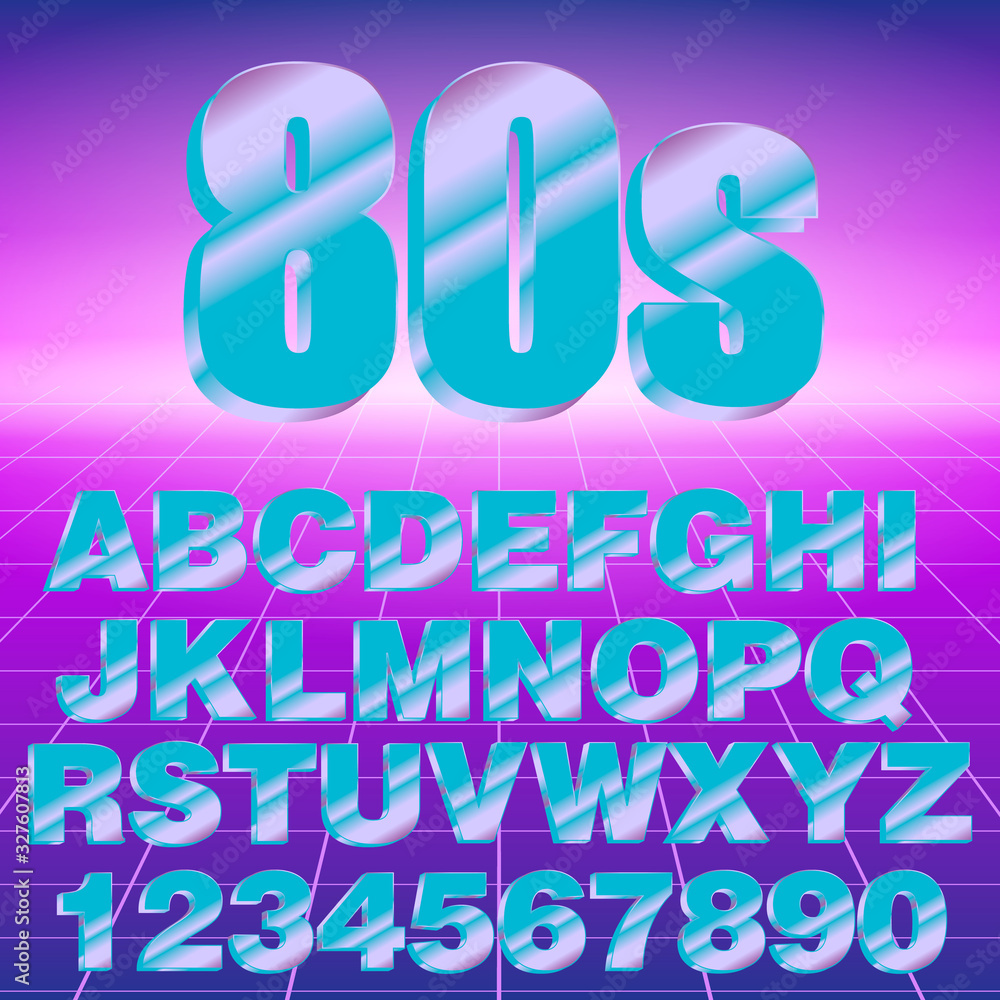 80's retro alphabet font. Metallic effect shiny letters and numbers ...