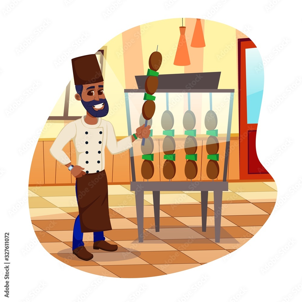 Popular Halal Arabic Restaurant. Friendly Dark Skinned Bearded Chef ...