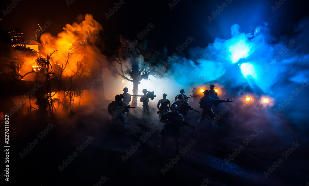 War Concept. Battle scene on war fog sky background, Fighting ...
