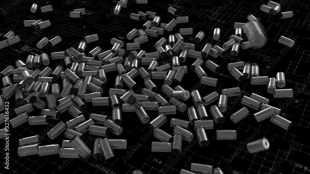 Vidéo Stock Bullet casings, gun shells falling down.Abstract black and ...