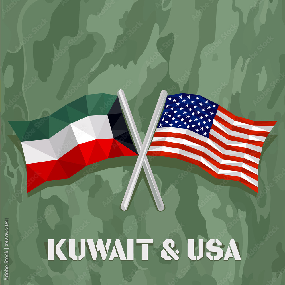 Crossed Kuwait & USA Flags Pin On A Military Camouflage Background ...