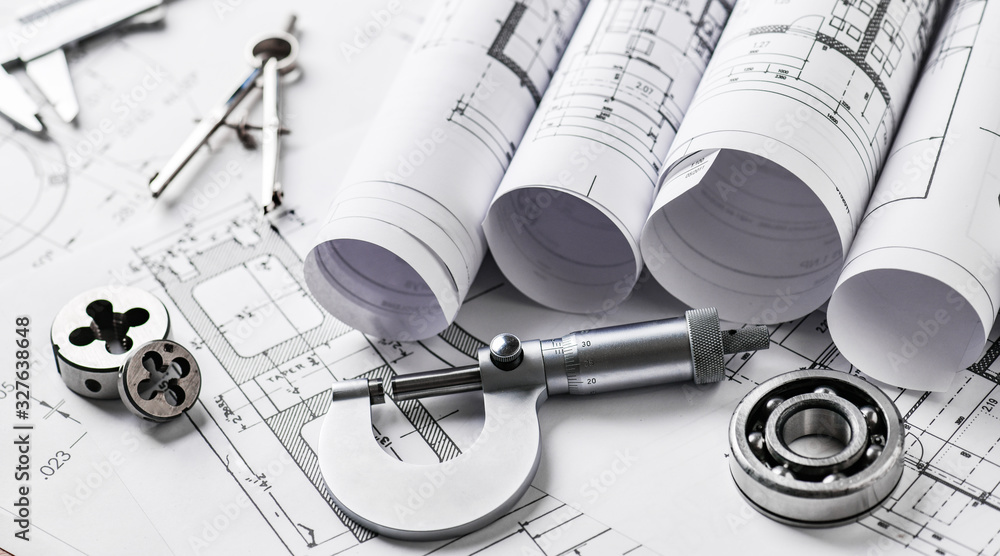 Technical drawings with measure tools. Pencil, measurement. Papers with ...