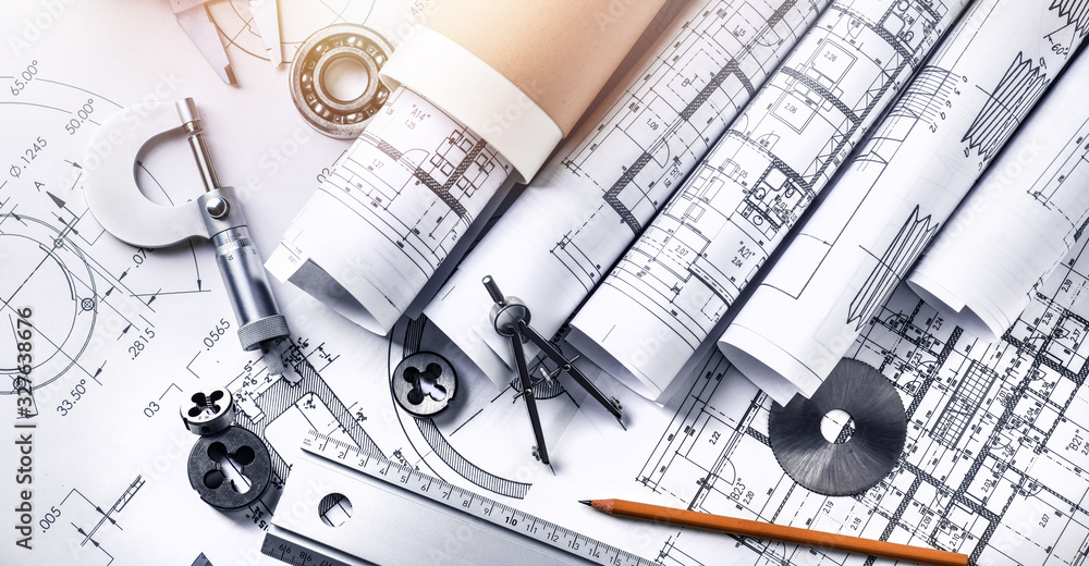 Technical drawings with measure tools. Pencil, measurement. Papers with ...