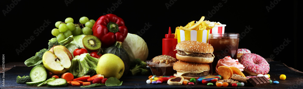 healthy or unhealthy food. Concept photo of healthy and unhealthy food ...