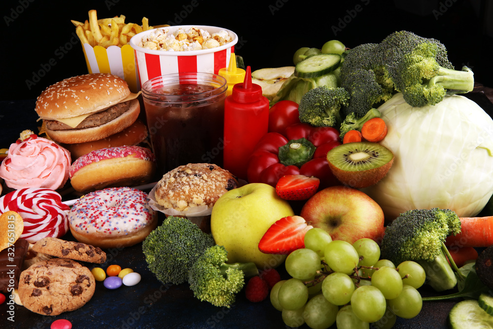 healthy or unhealthy food. Concept photo of healthy and unhealthy food ...