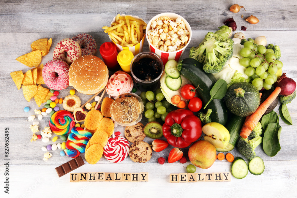 healthy or unhealthy food. Concept photo of healthy and unhealthy food ...