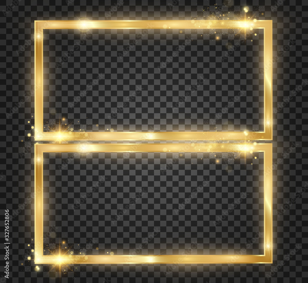 Gold glitter with shiny gold frame on a transparent black background ...
