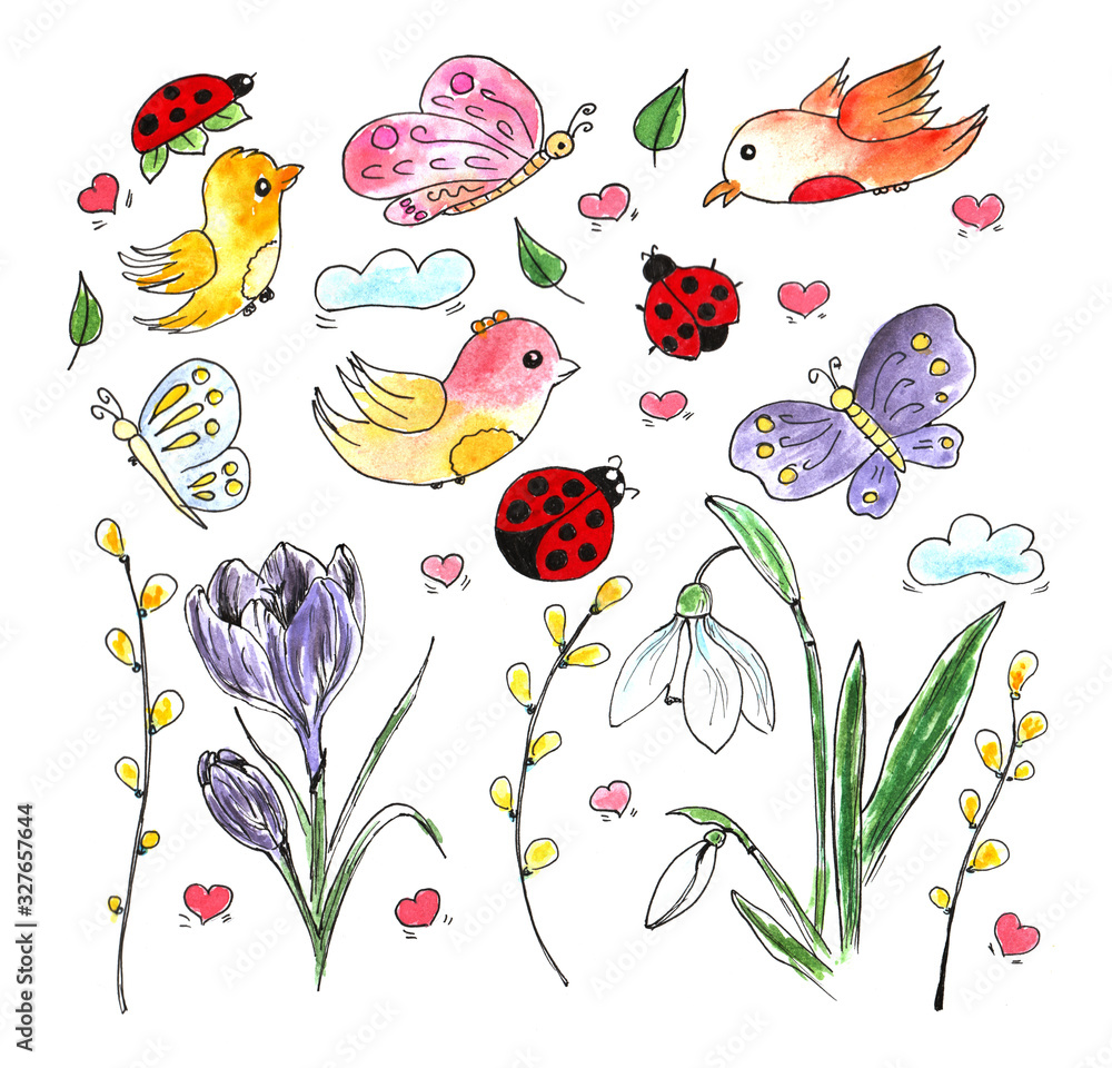 Springtime outlined hand drawn simpe childlike doodles set watercolor ...