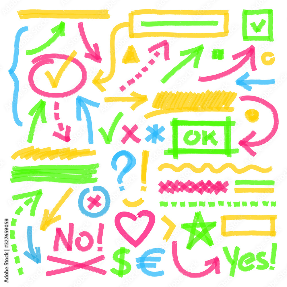 Highlighter marks, strokes, arrows and other symbols. Set of marker ...