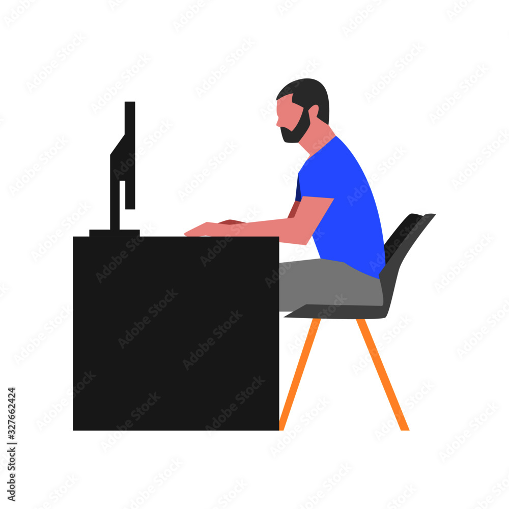 Man sitting at desk and working on computer. Flat design isolated ...