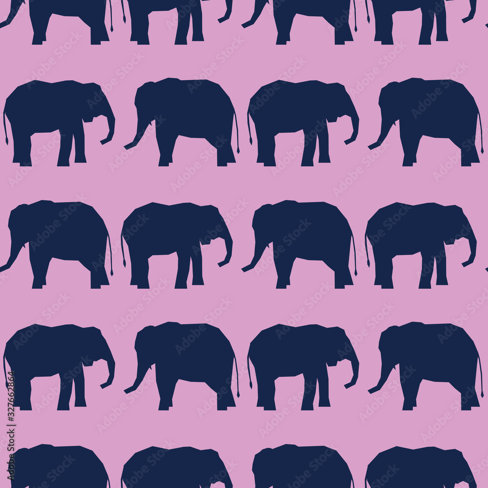 Vector tropical navy blue elephants in a line, seamless repeat pattern ...