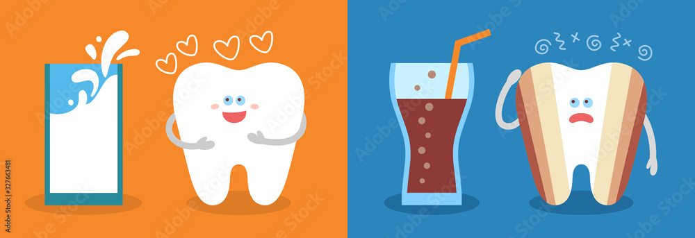 Healthy cartoon tooth with a glass of milk and decayed tooth with a ...