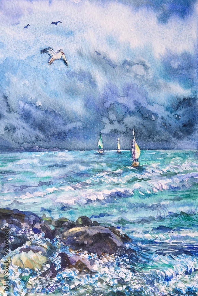 Watercolor beautiful beach and sea. Sea, rocks ,sky, yachts, seagulls ...