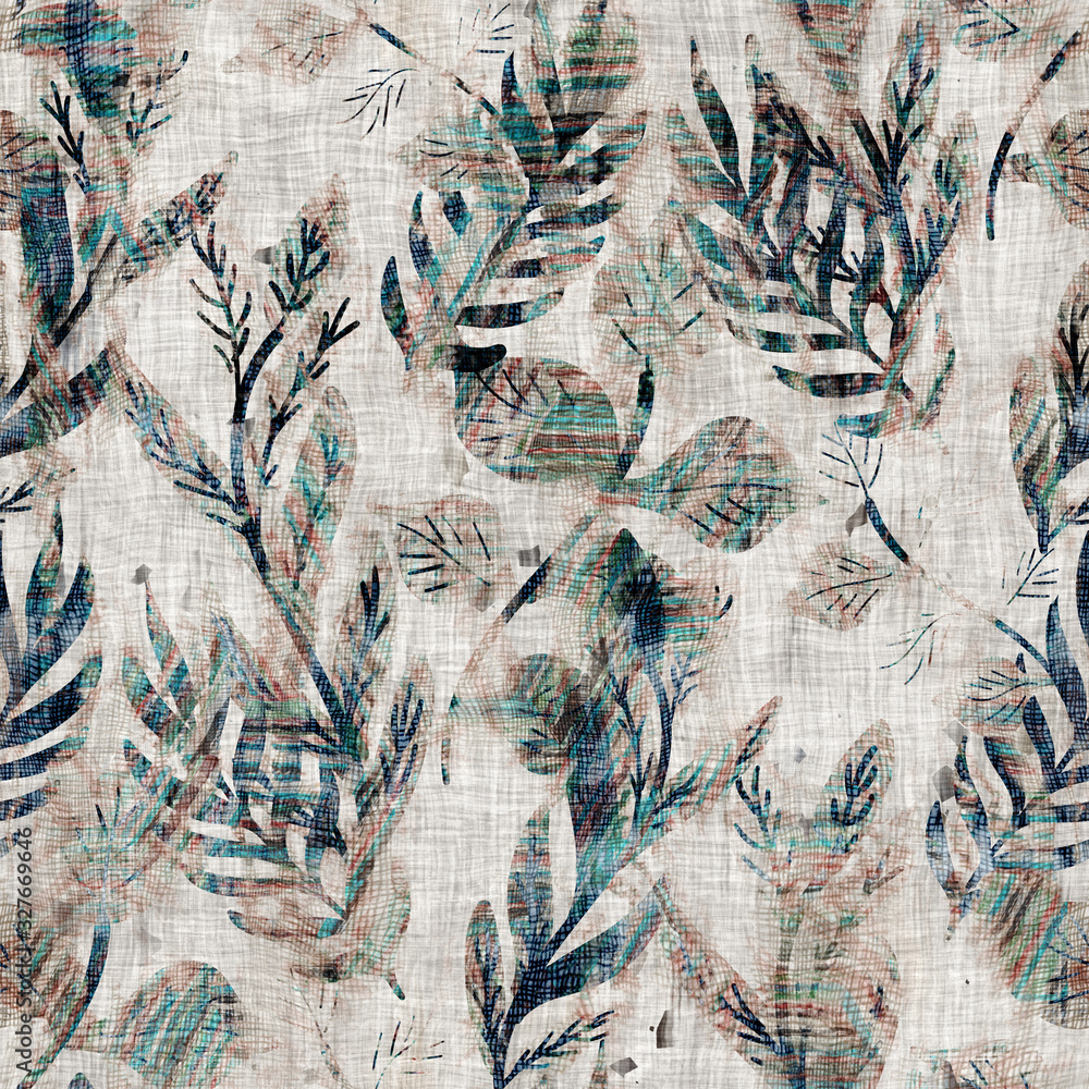 Seamless mixed media collage design in old aged worn look. Floral leaf ...